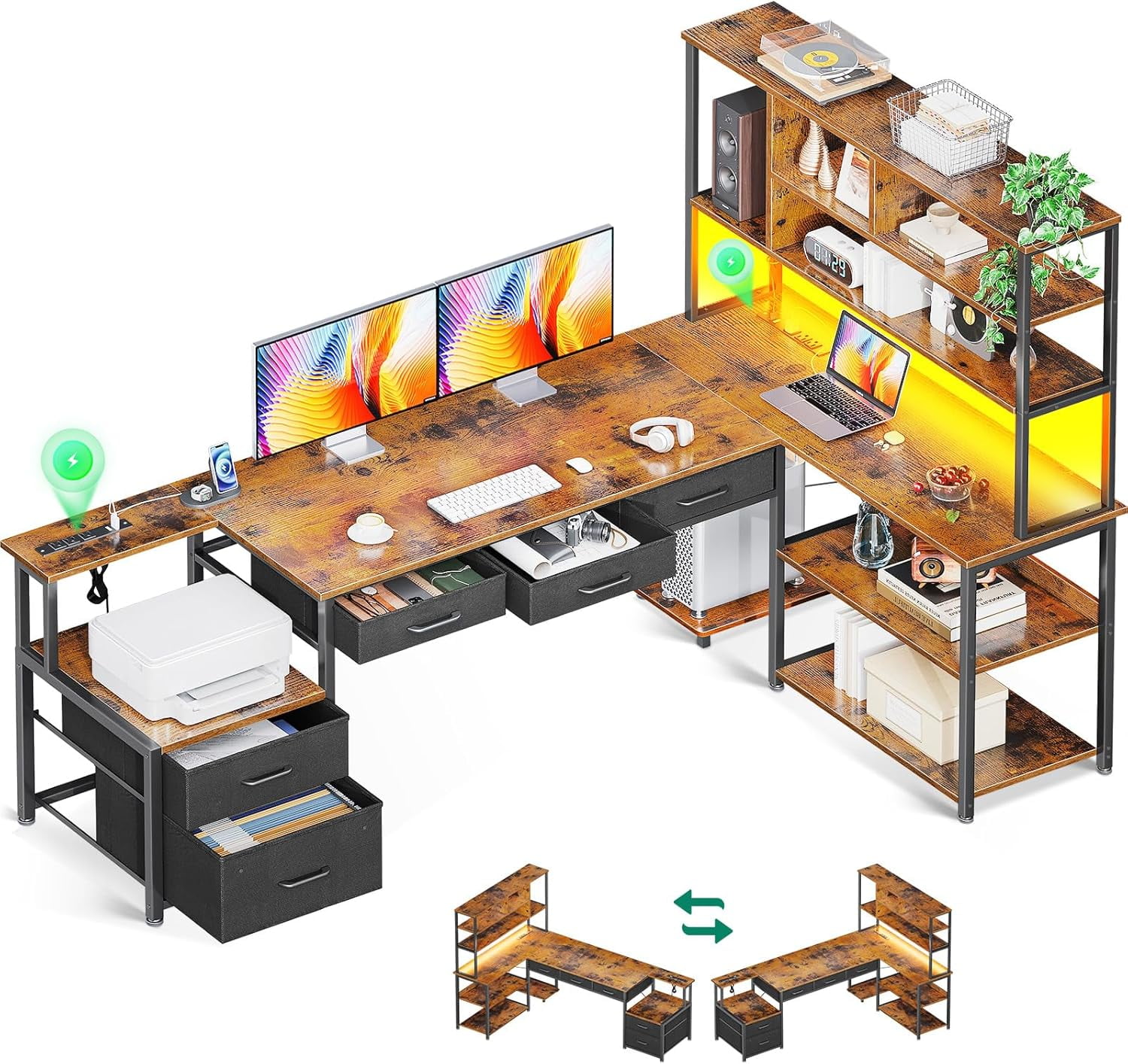 71 inch L Shaped with File Drawers Reversible L Shaped Gaming with ...