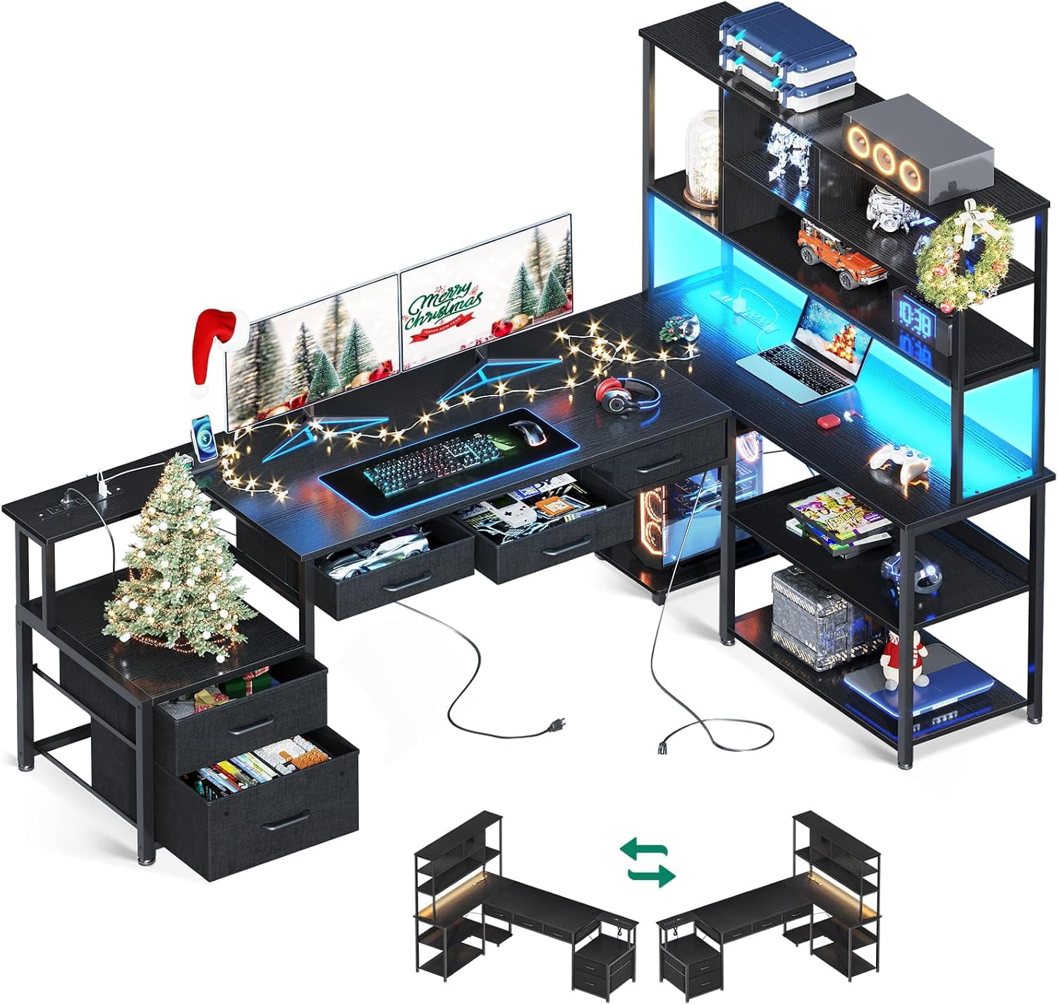 71 inch L Shaped with File Drawers Reversible L Shaped Gaming with ...