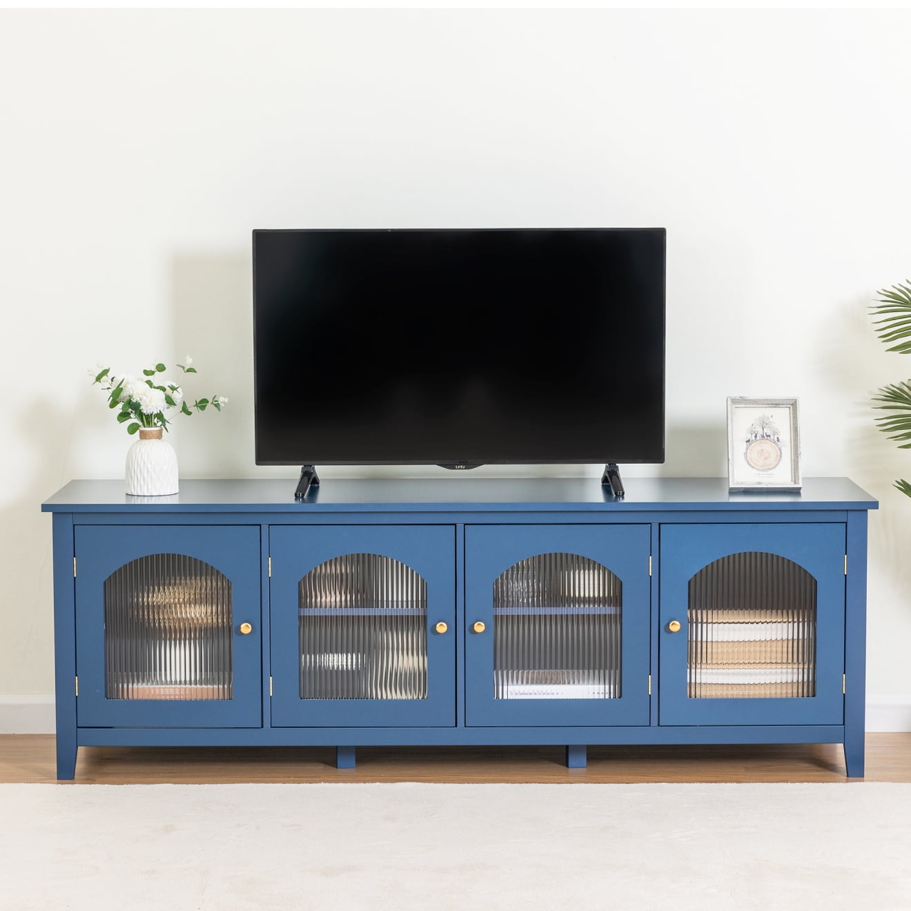 71-inch Modern Multifunctional TV Stand with Storage Shelves and Glass ...