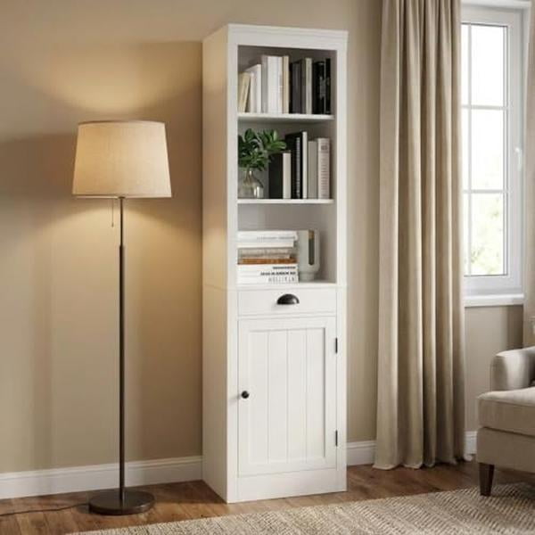 71 inch Tall Bookcase with Drawers & Doors,3-Tier Open Bookshelf with ...