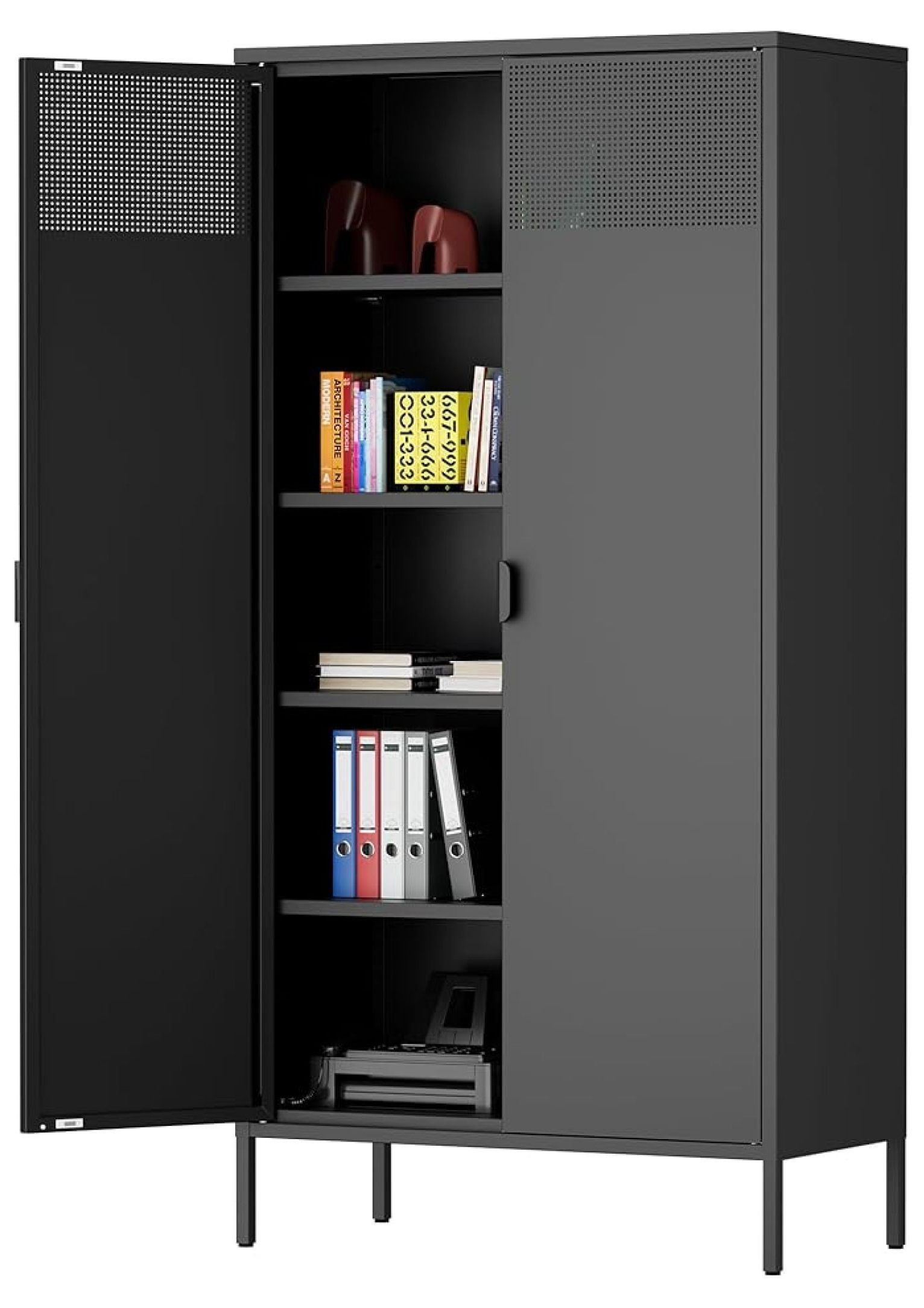 71 inches Black Metal Storage Cabinet with Doors and Shelves, 5 Tier ...