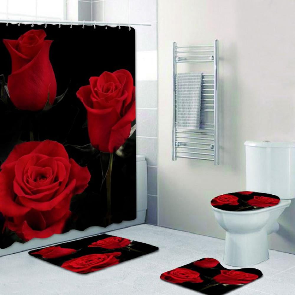 71" x 71"4 PCS Bathroom Set Romantic Red Roses Shower Curtain Sets ...