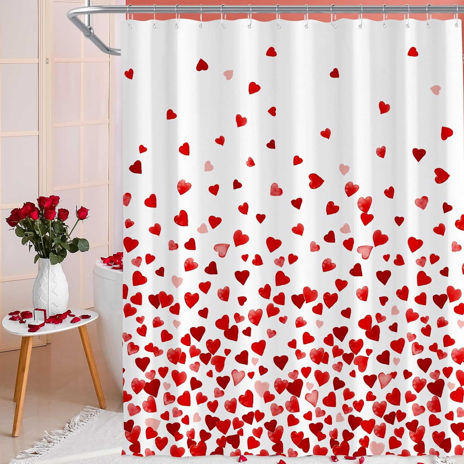 71 x 71 Inches Valentines Shower Curtain Bottom with Pink and Red Love ...