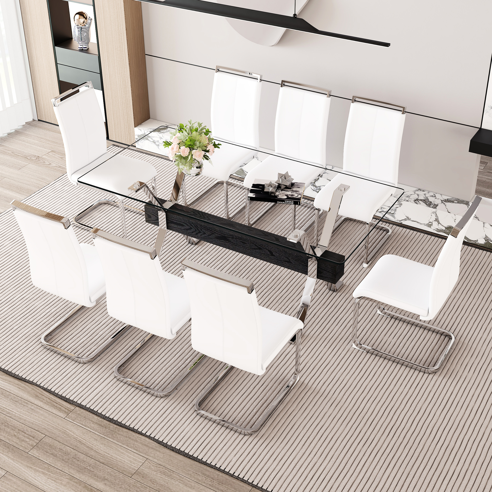 71"x35.4" Tempered Glass Table With 8 White Pu Chairs And Wear- Covers ...