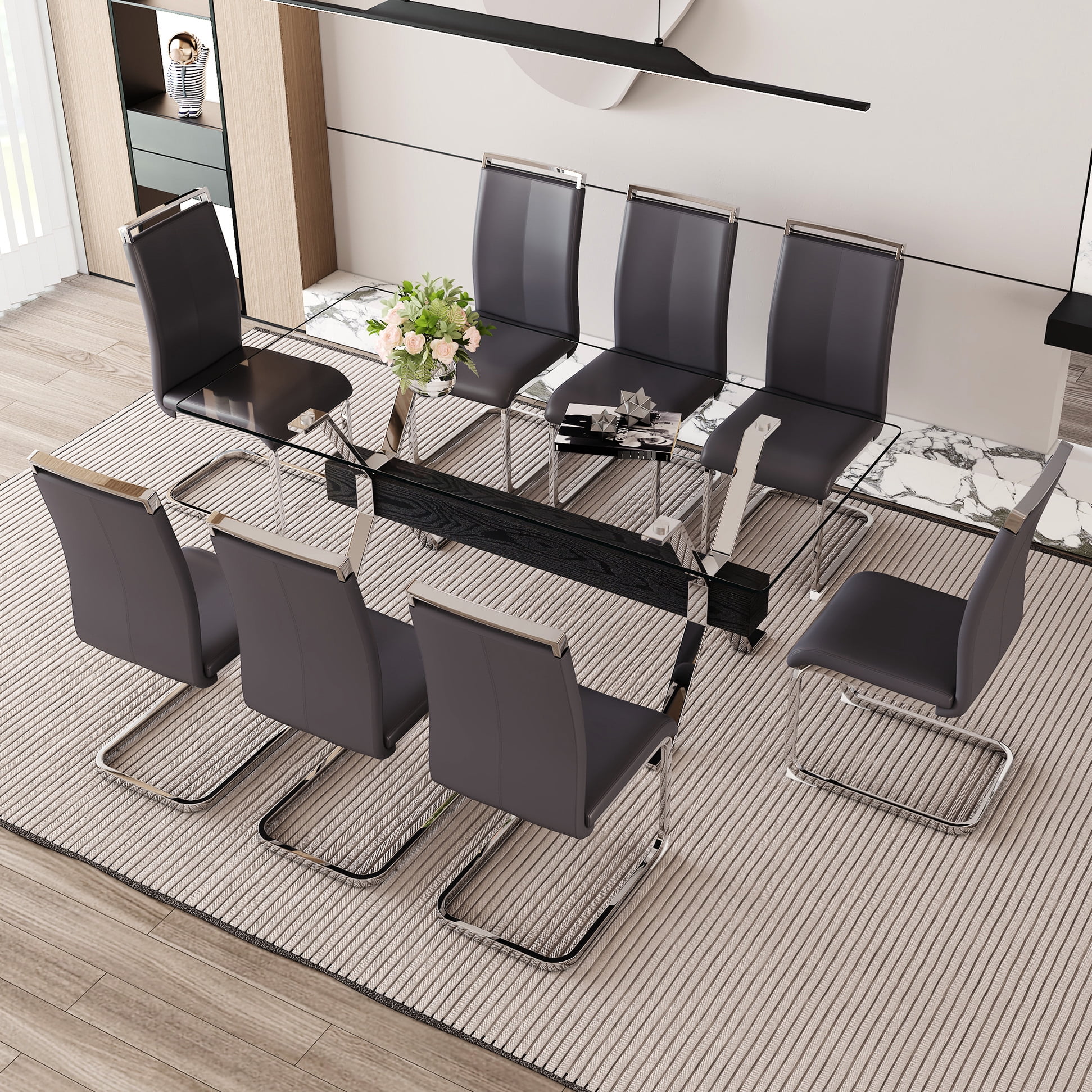 71"x35.4" Transparent Tempered Glass Dining Table With 8 Dark Gray Pu ...