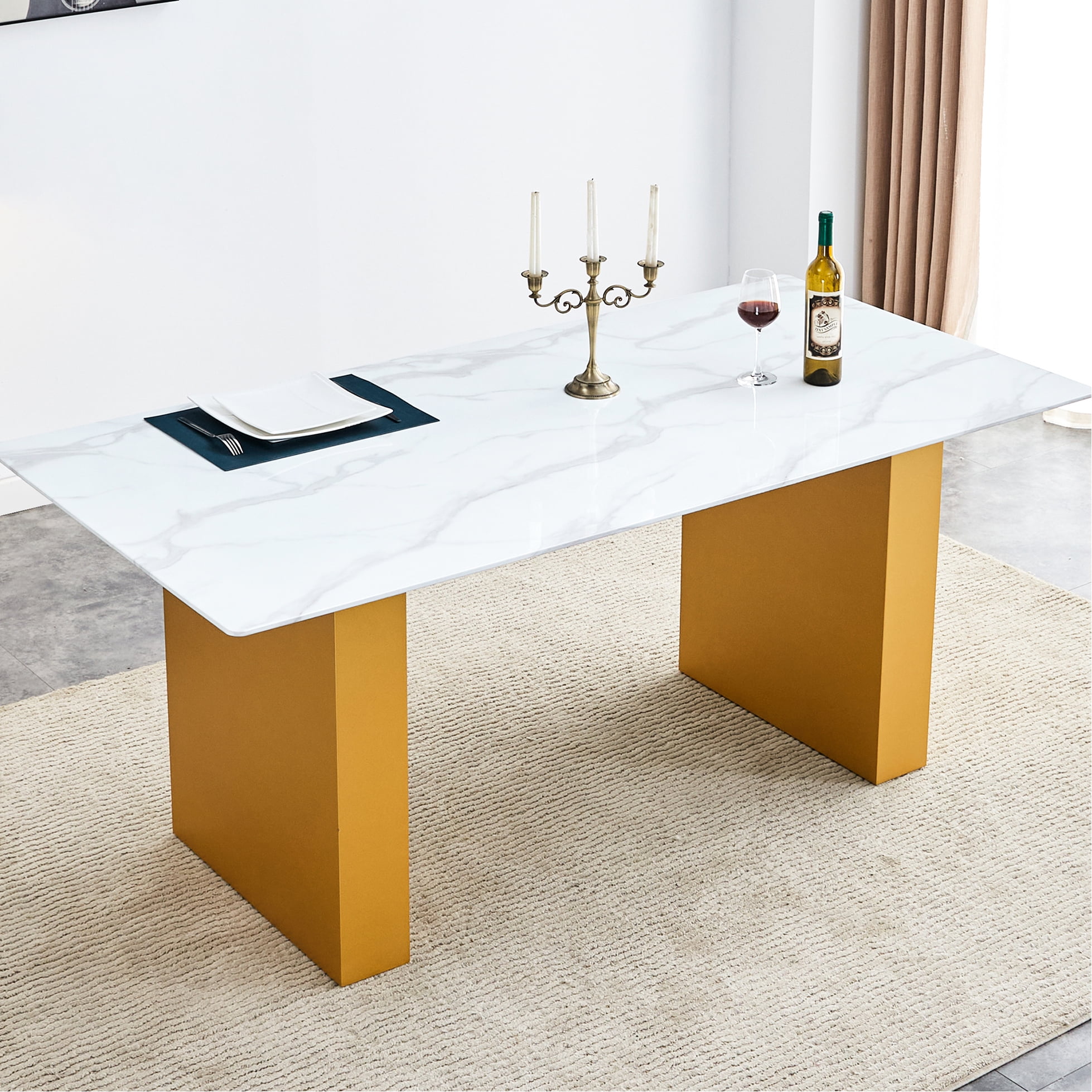 71"x35.4"x30" Rectangular Dining Table With Gold And Top, Legs Modern ...