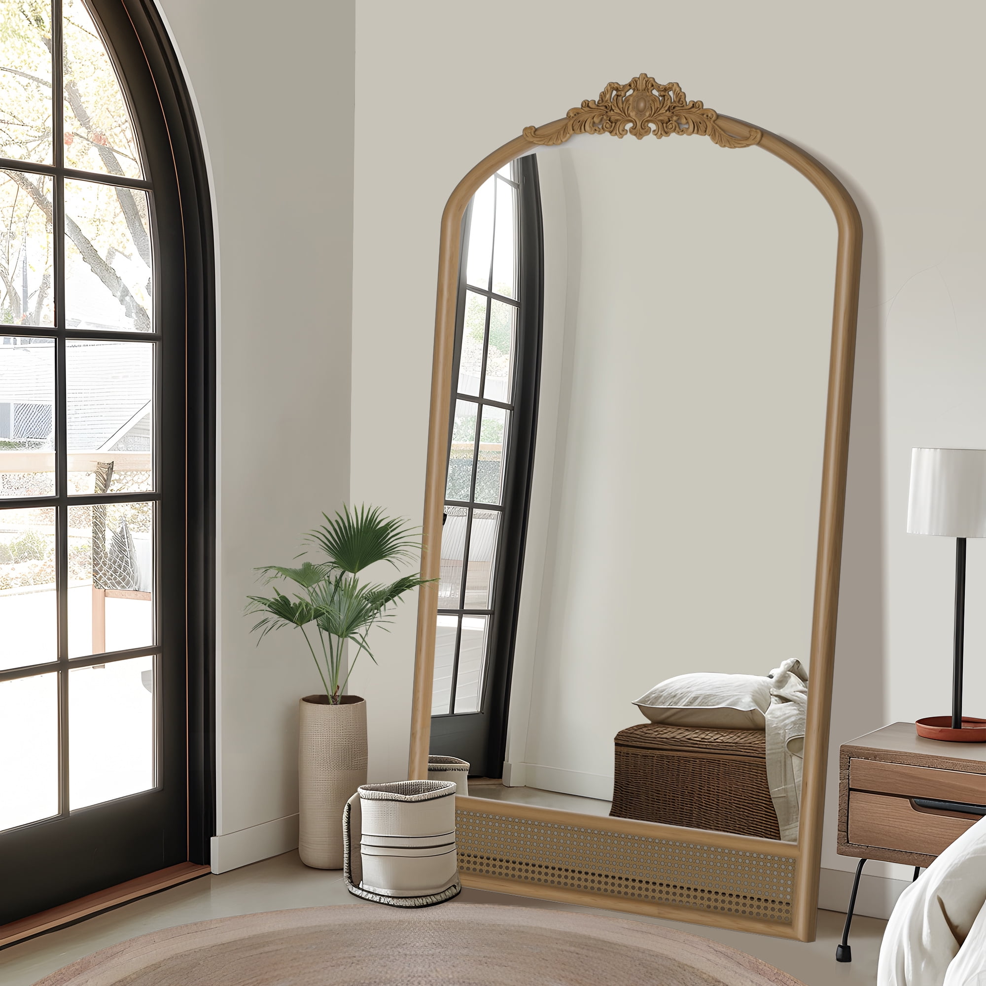 71"x37" Wood Rattan Wall Mirror Carved Arched Mirror,Natural - Walmart.com