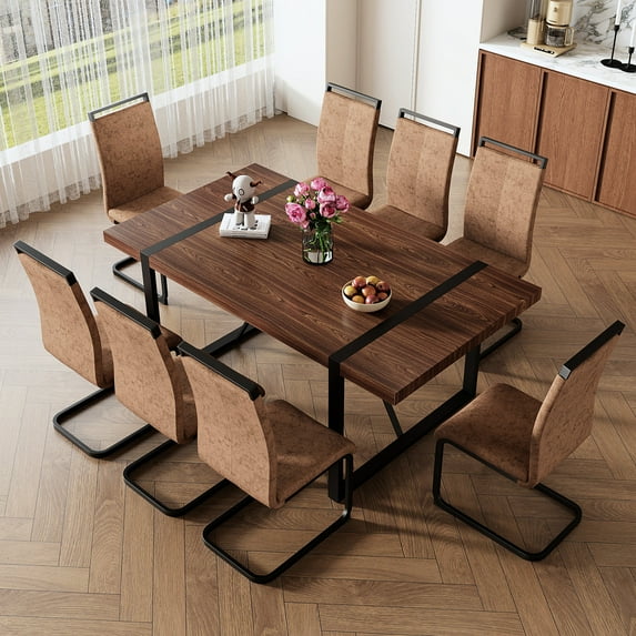 Industrial Walnut-Colored 71"x39.3" Dining Table with 8 Brown Techno ...