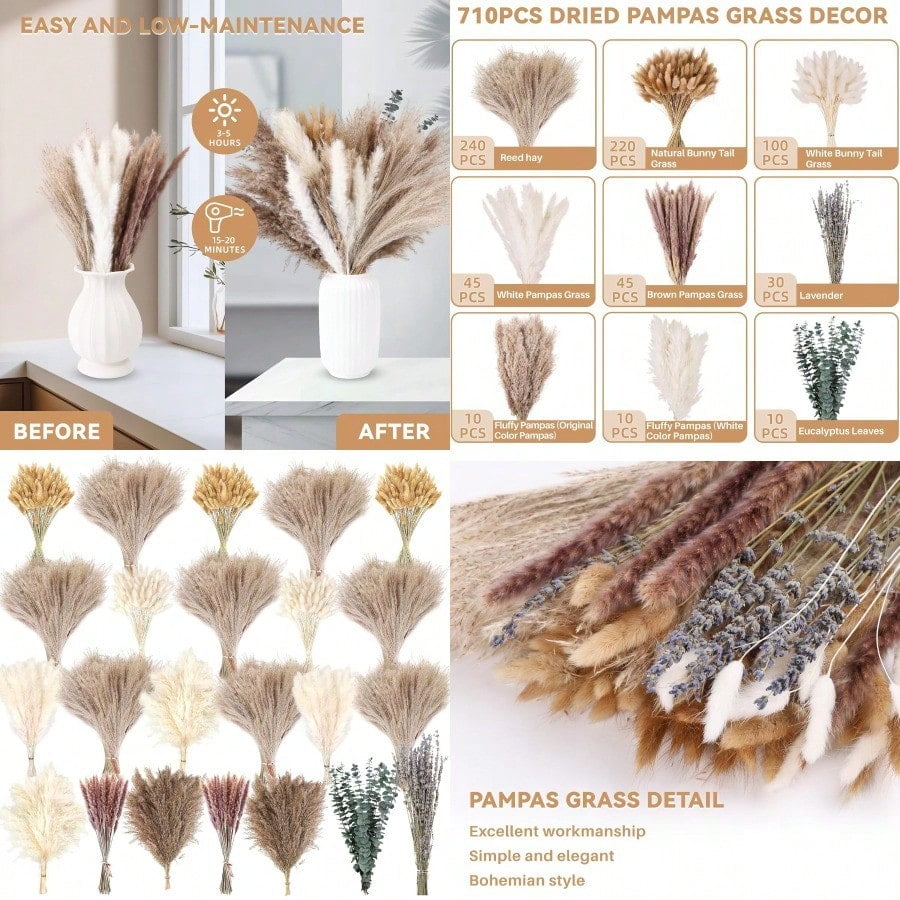 710Pcs Natural Dried Pampas Grass Decor 9 Types Dried Flowers for Vase ...