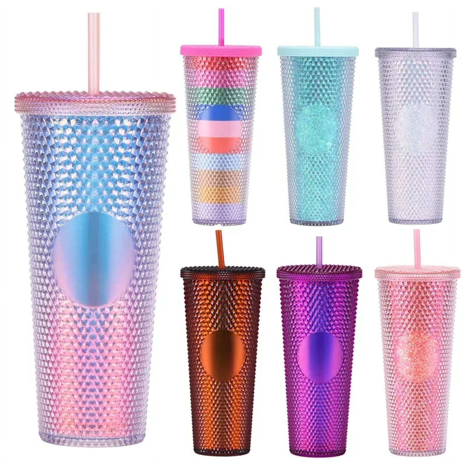 710ml Straw Cup with Lid Studded Finish Double Wall Coffee Mugs Plastic ...