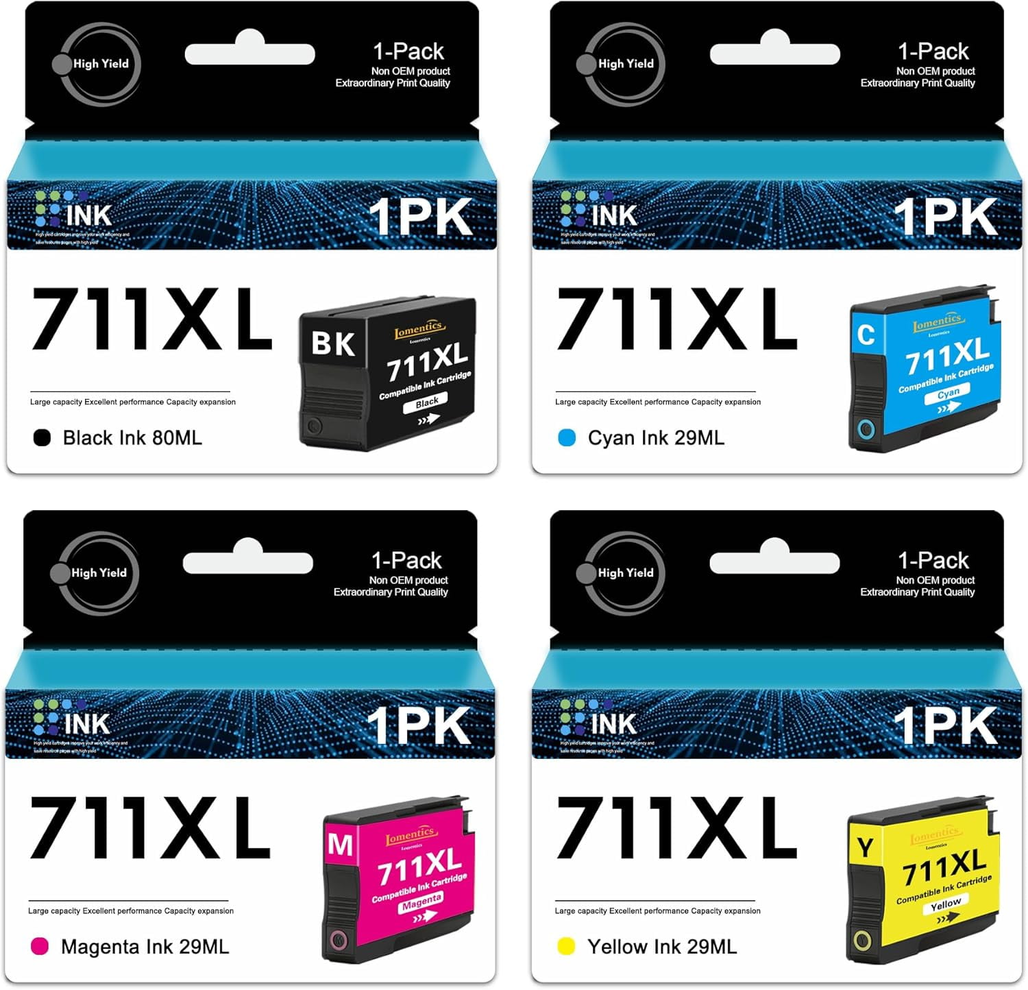 711XL High Yield Ink Cartridge Bundle (4-Pack, 80-ml Black / 29-ml Cyan ...