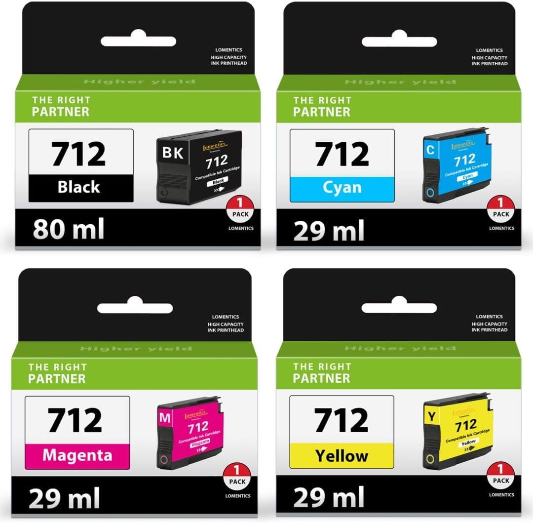 HP 712 Ink Cartridge Pack - 4 Pack (80ml B, 29ml CMY) for T230, T650 ...