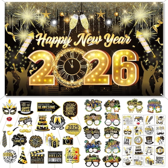 71PCS New Years Eve Party Supplies Happy New Year Backdrop 2026 Glasses ...