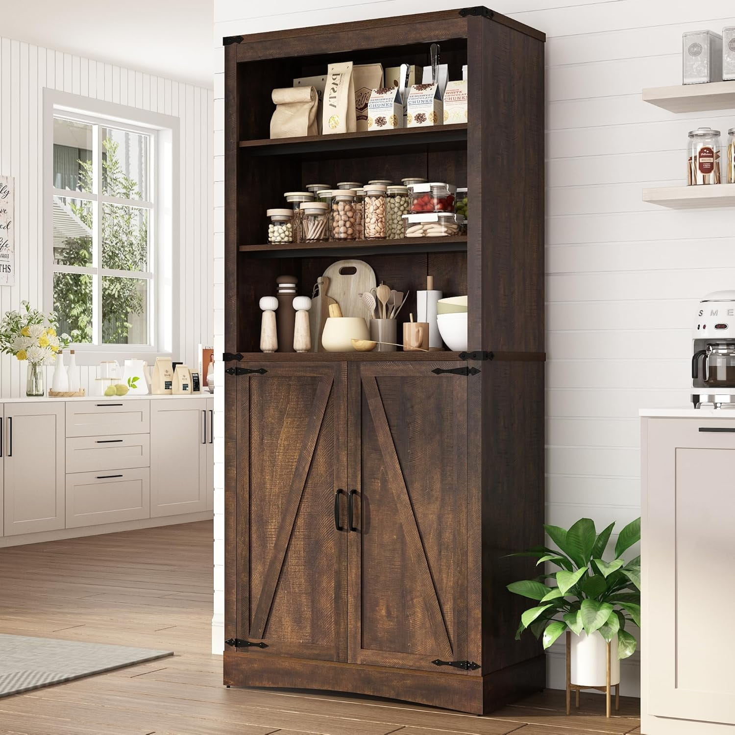 71in Farmhouse Kitchen Pantry Cabinet,Tall Storage Cabinet with 2 Doors ...
