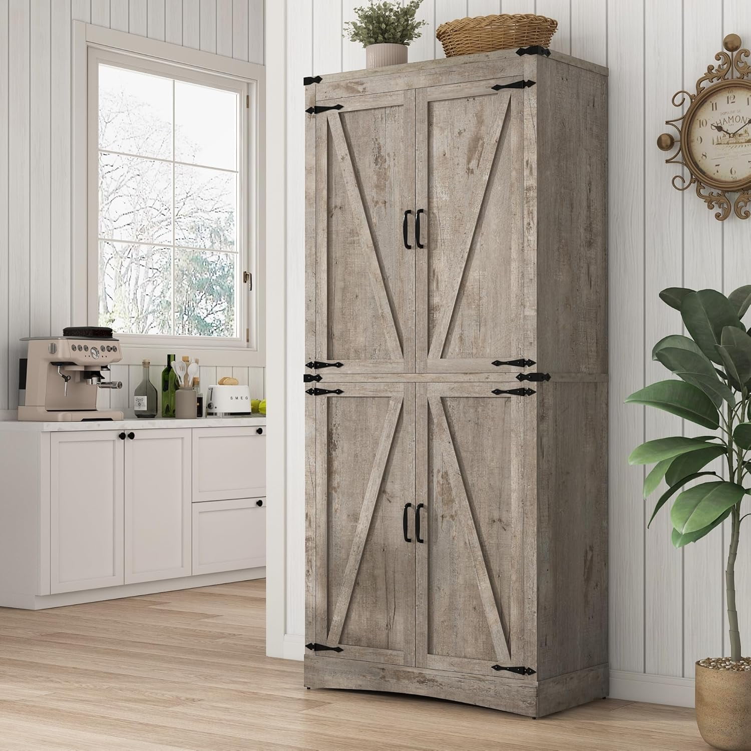 71in Farmhouse Kitchen Pantry Cabinet,Tall Storage Cabinet with 4 Doors ...
