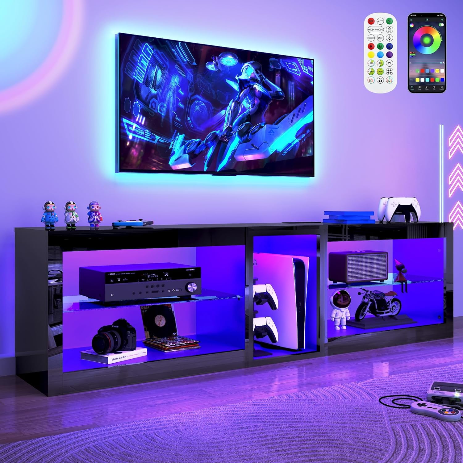 71in Large LED TV Stands W/Power Outlet for 60 65 70 80Inch TV,Black ...