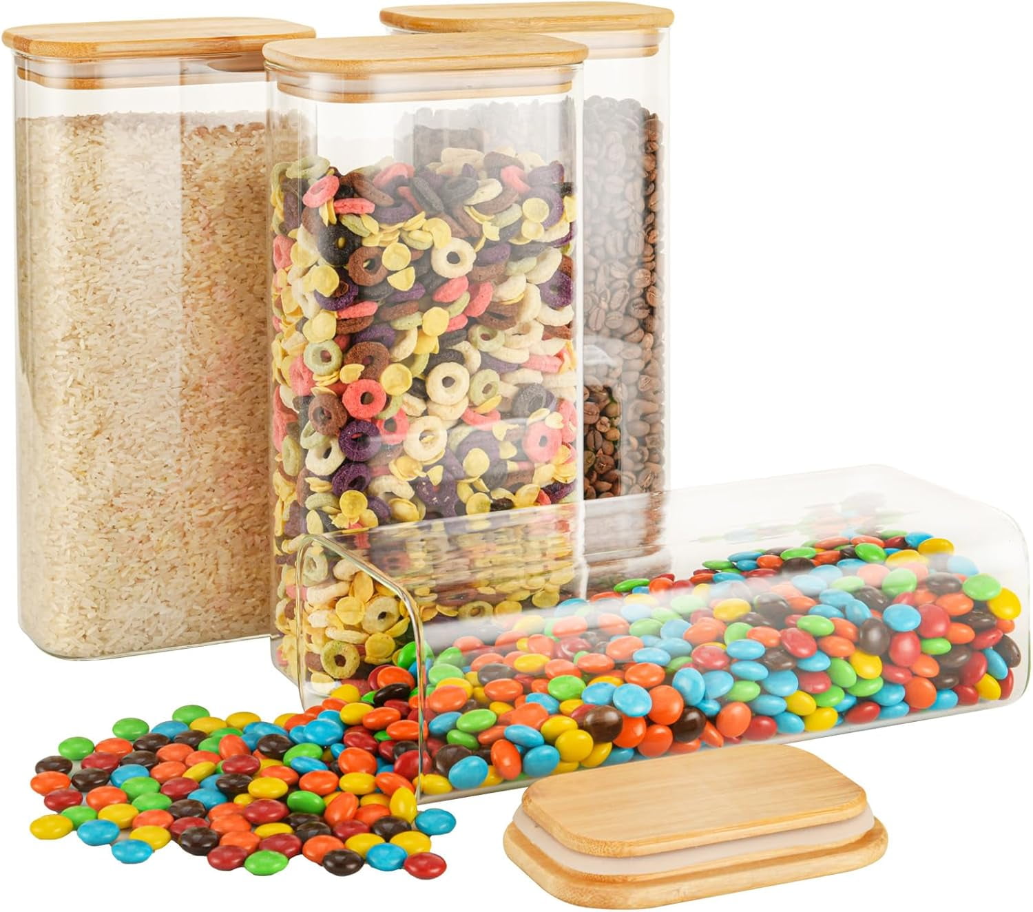 71oz Rectangle Airtight Glass Storage Containers with Bamboo Lids (Set ...