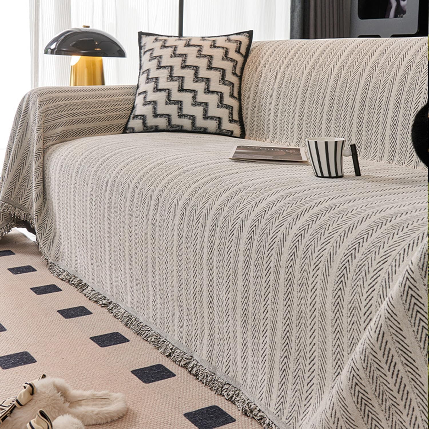 71x165 Inch Mocha Chenille Sofa Cover, Soft Washable Herringbone Couch ...