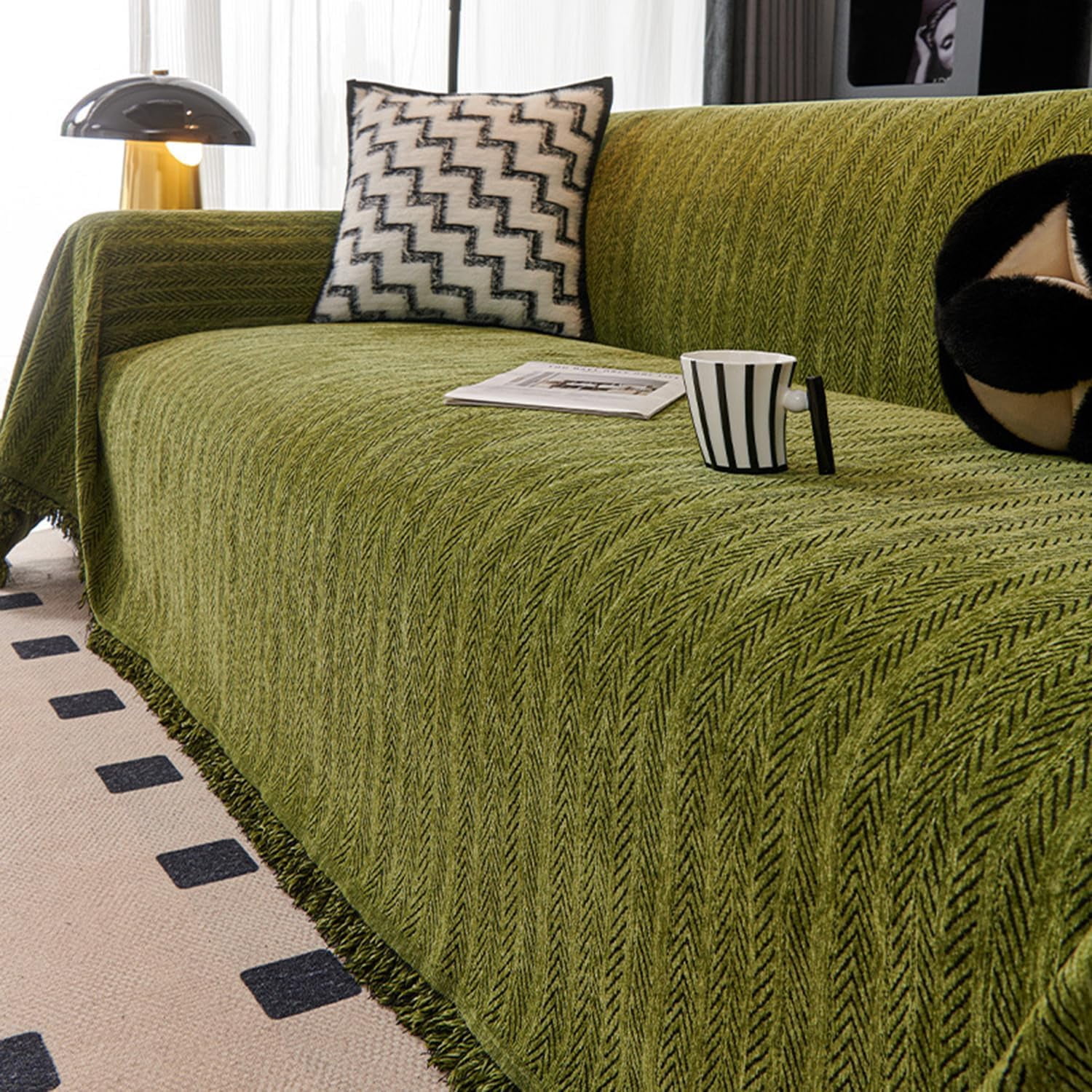 71x165 Inch Mocha Chenille Sofa Cover, Soft Washable Herringbone Couch ...