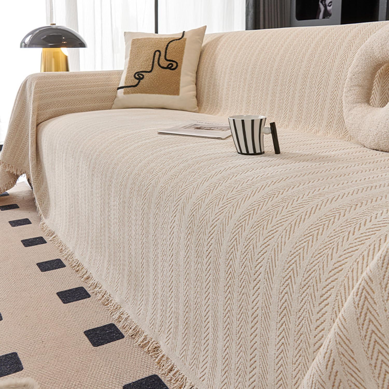 71x165 Inch Mocha Chenille Sofa Cover, Soft Washable Herringbone Couch ...