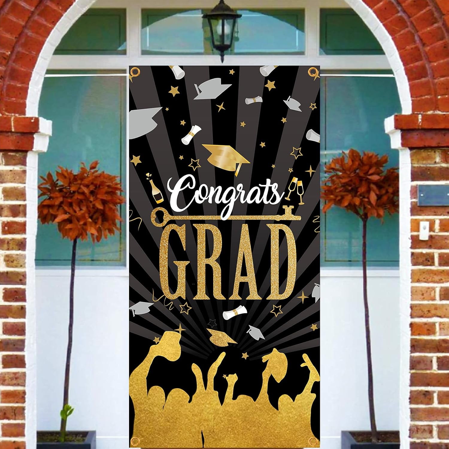 71x35 inch Graduation Banners with Hanging Rope Black & Gold Congrats ...