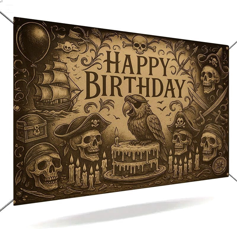 71x43 Inch Pirate Happy Birthday Banner Backdrop Elements Skull Parrot ...