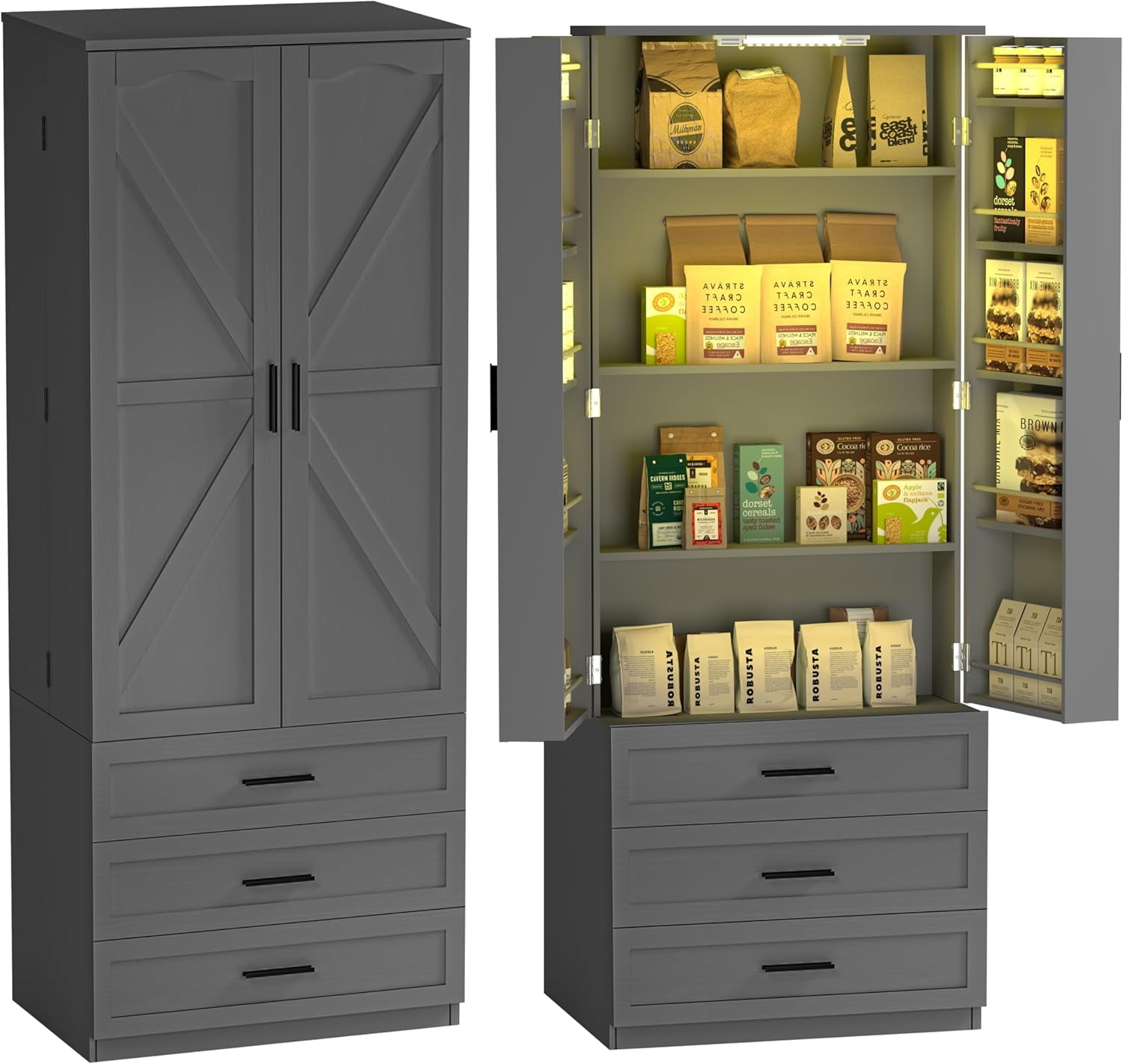 72" LED Pantry Cabinet with 3 Drawers Farmhouse Tall Storage Cabinet ...