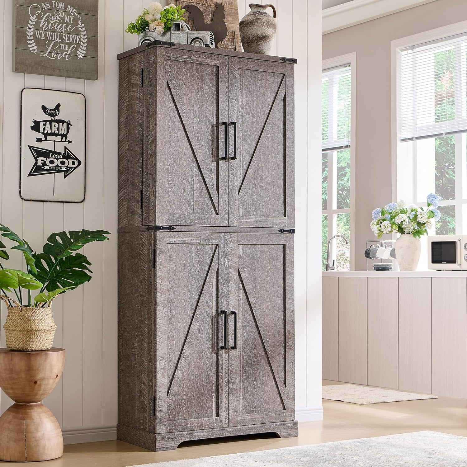 72" Tall Pantry Farmhouse Storage Cabinet with Barn Doors Organizer ...