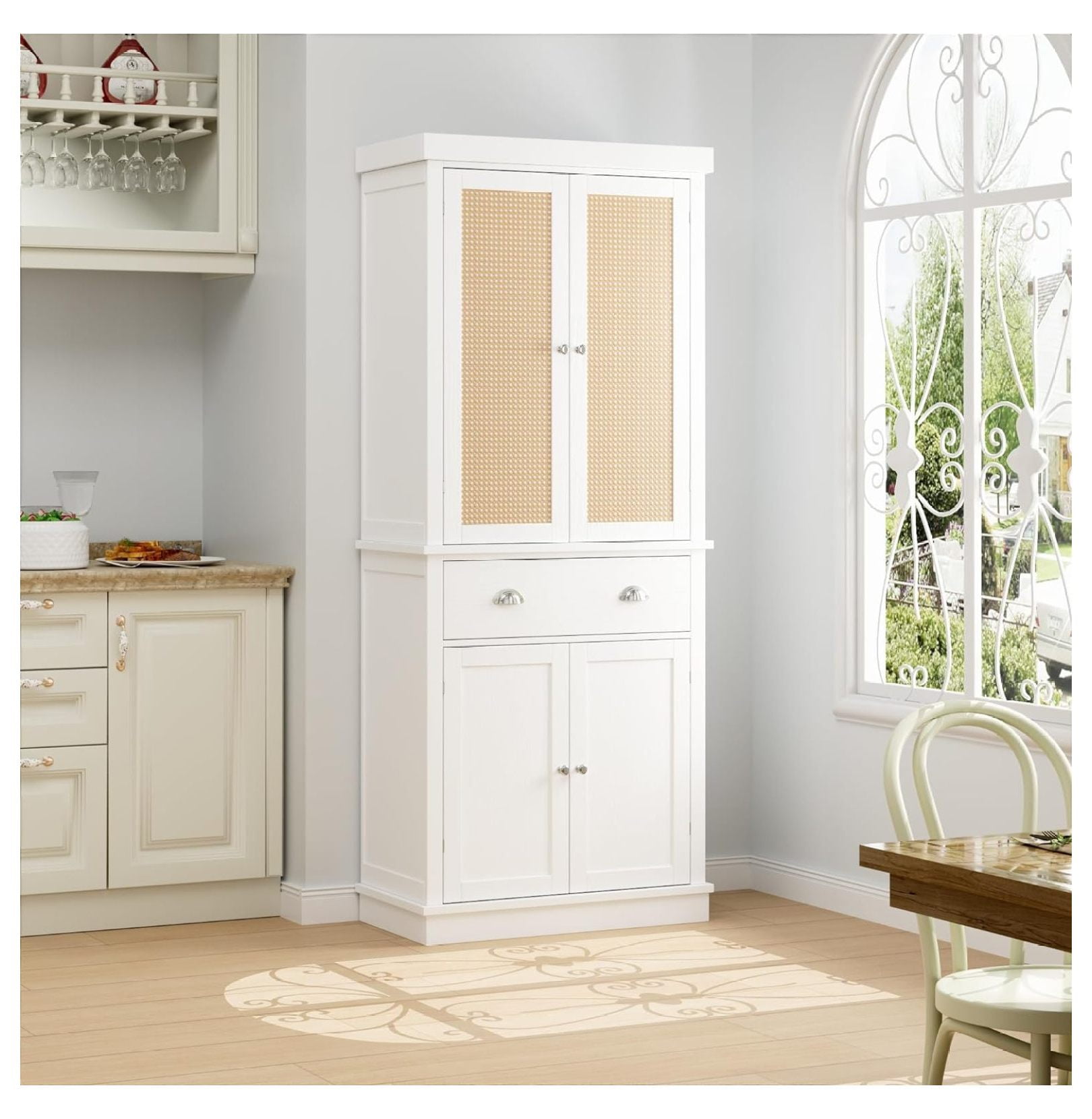 72.4” Kitchen Pantry Cabinet, Freestanding Cupboard with Rattan Doors ...