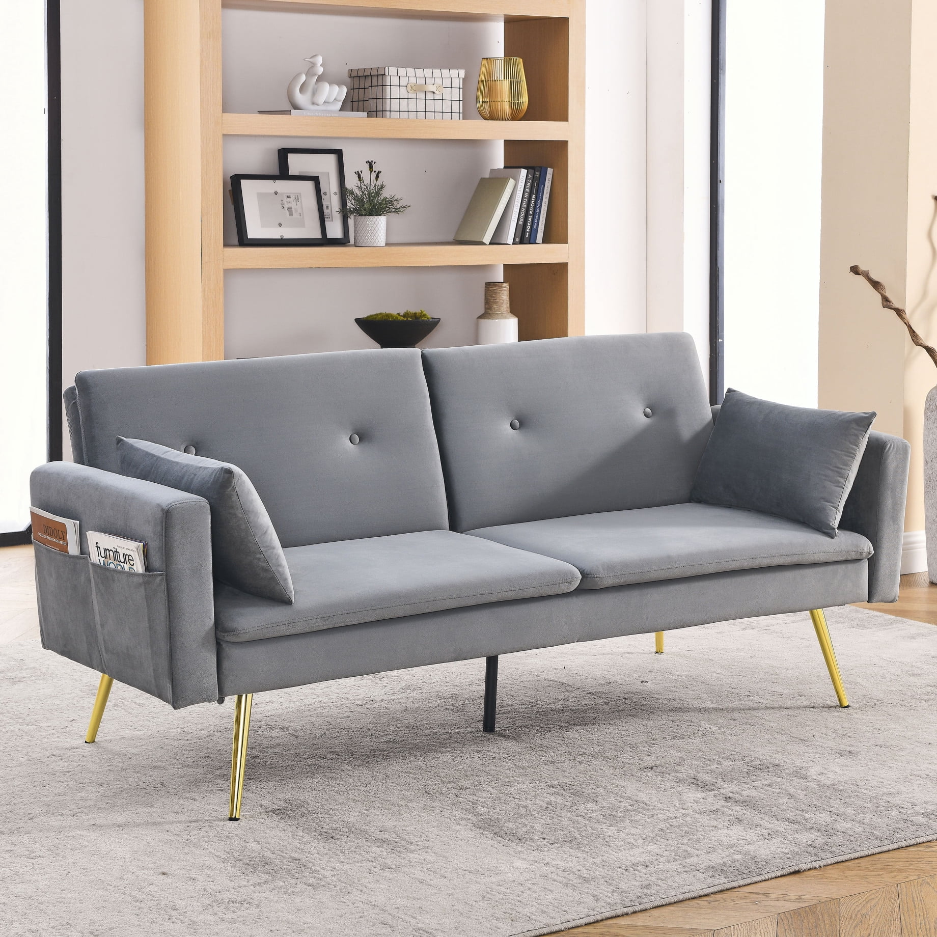 72.5" Convertible Sofa Bed, Adjustable Velvet Sofa Bed with Two Pillows ...