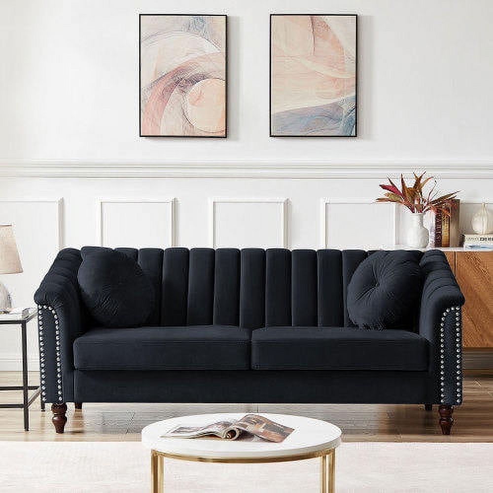 72.5" Sofa, Velvet Upholstered 3 Seat Sofa Couch with Rivets Arms and 2 ...