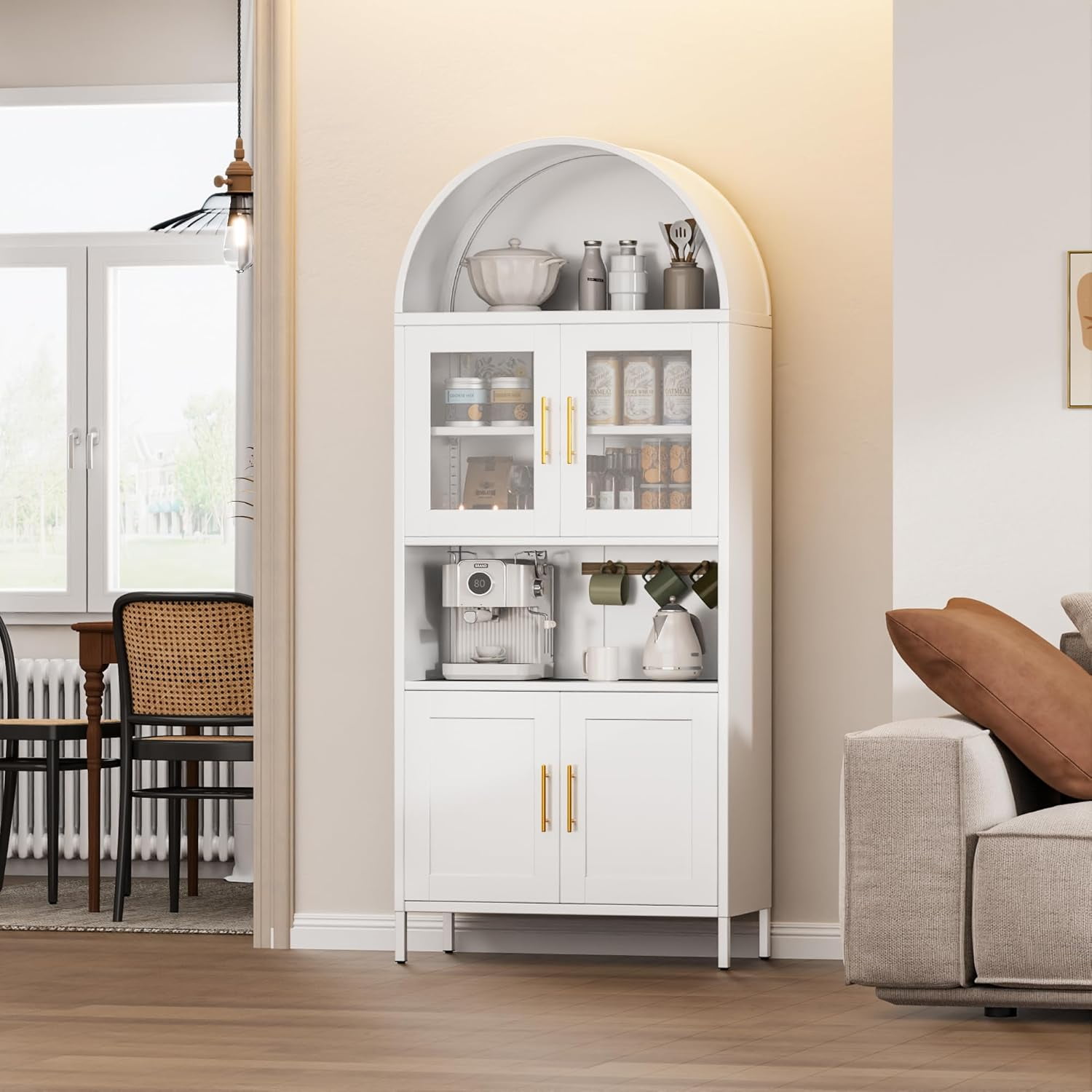 72.8" H Metal Arched Cabinet with 2 Glass Door and 2 Metal Door,Modern Arched Bookshelf with ...
