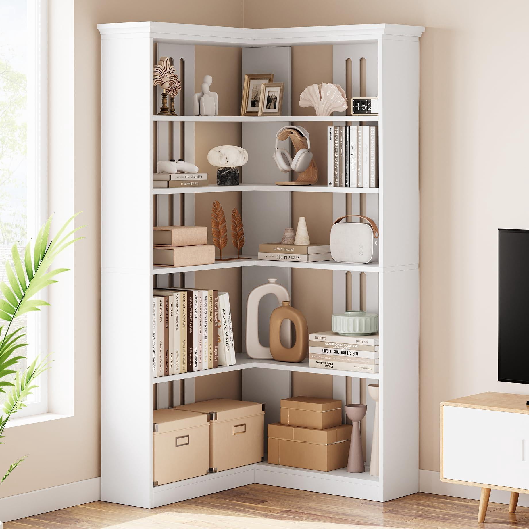 72.8 Inch White L-Shaped 5-Tier Farmhouse Corner Bookshelf, Tall Wood ...