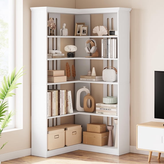 72.8 Inch White L-Shaped 5-Tier Farmhouse Corner Bookshelf, Tall Wood ...