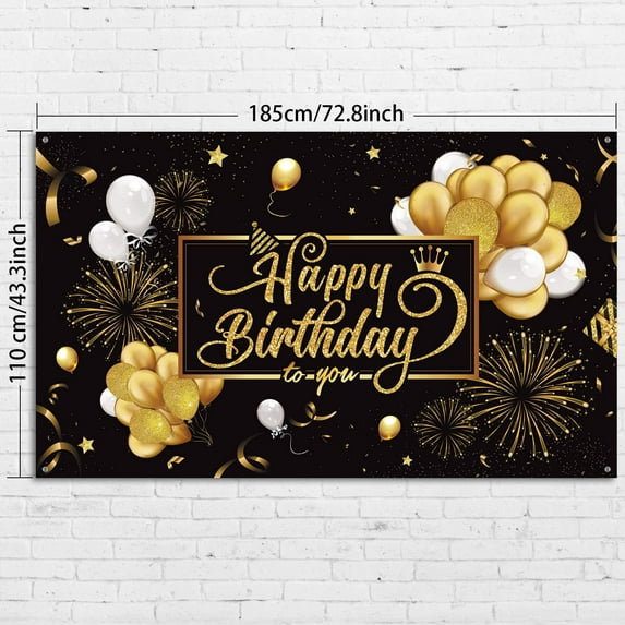72.8x43.3in Black Gold Fabric Birthday Banner Glitter Fireworks for ...