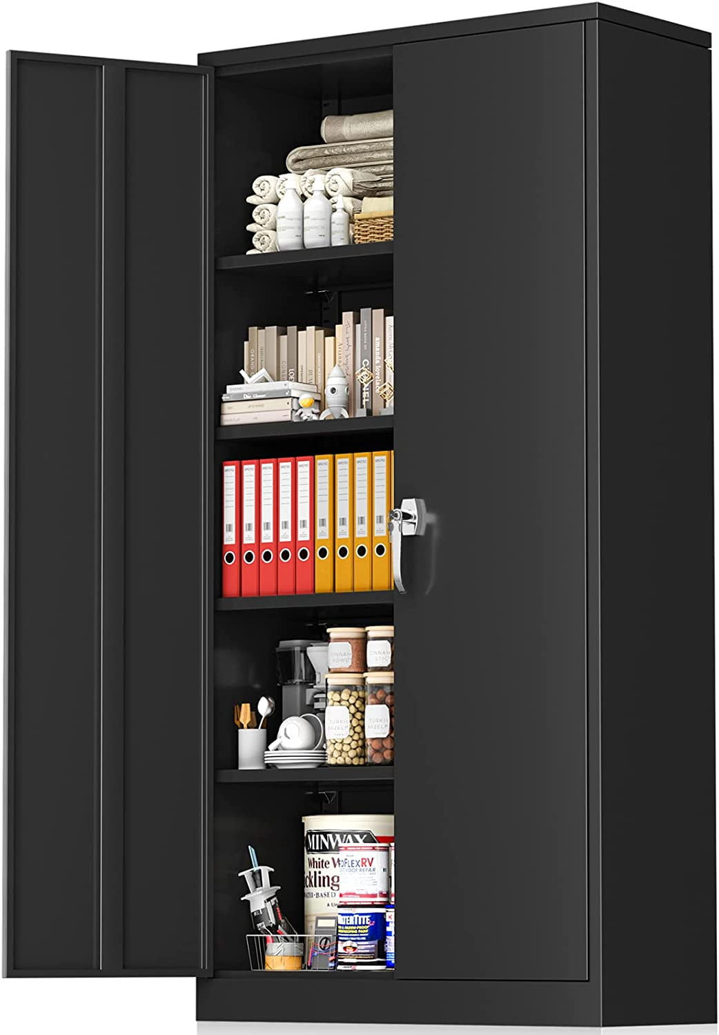 72” Black Garage Steel Locking Cabinet with Doors and 4 Adjustable ...