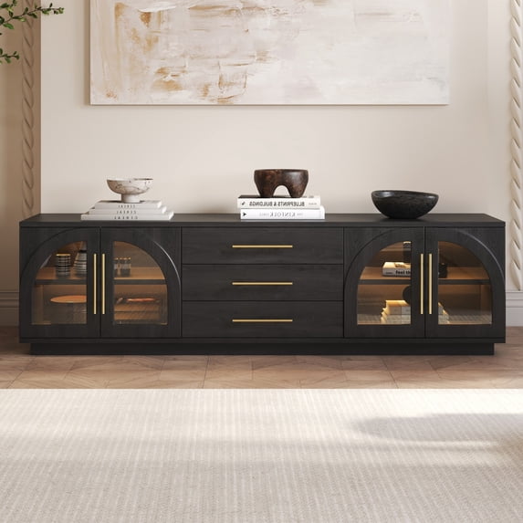 72" Black TV Stand with Arched Glass Doors, Storage & LED Lighting ...