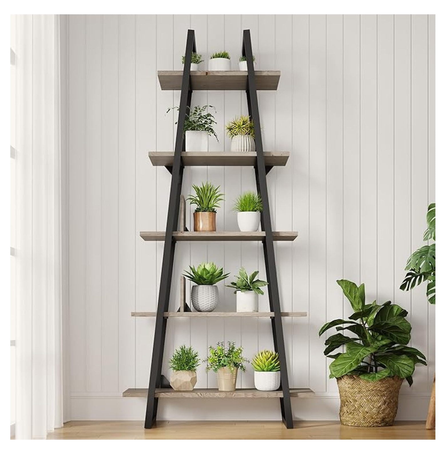72" Book Shelf with Metal Frame, A-Shape Ladder Shelf with 5-Tier Wood ...