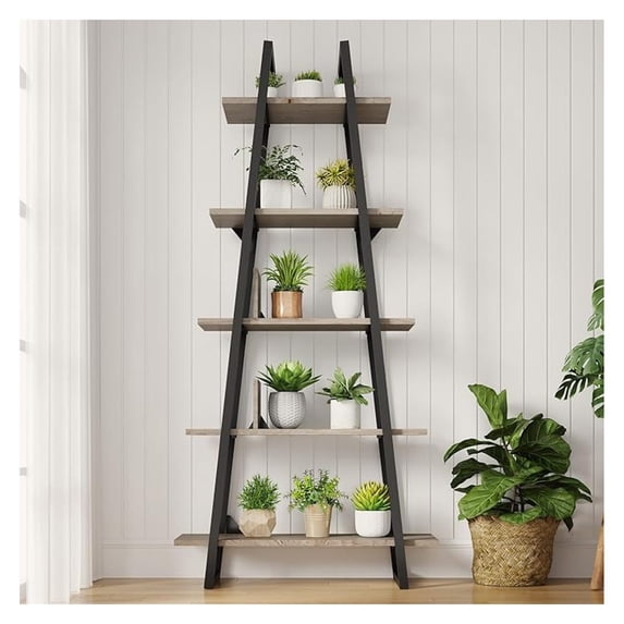 72" Book Shelf with Metal Frame, A-Shape Ladder Shelf with 5-Tier Wood ...