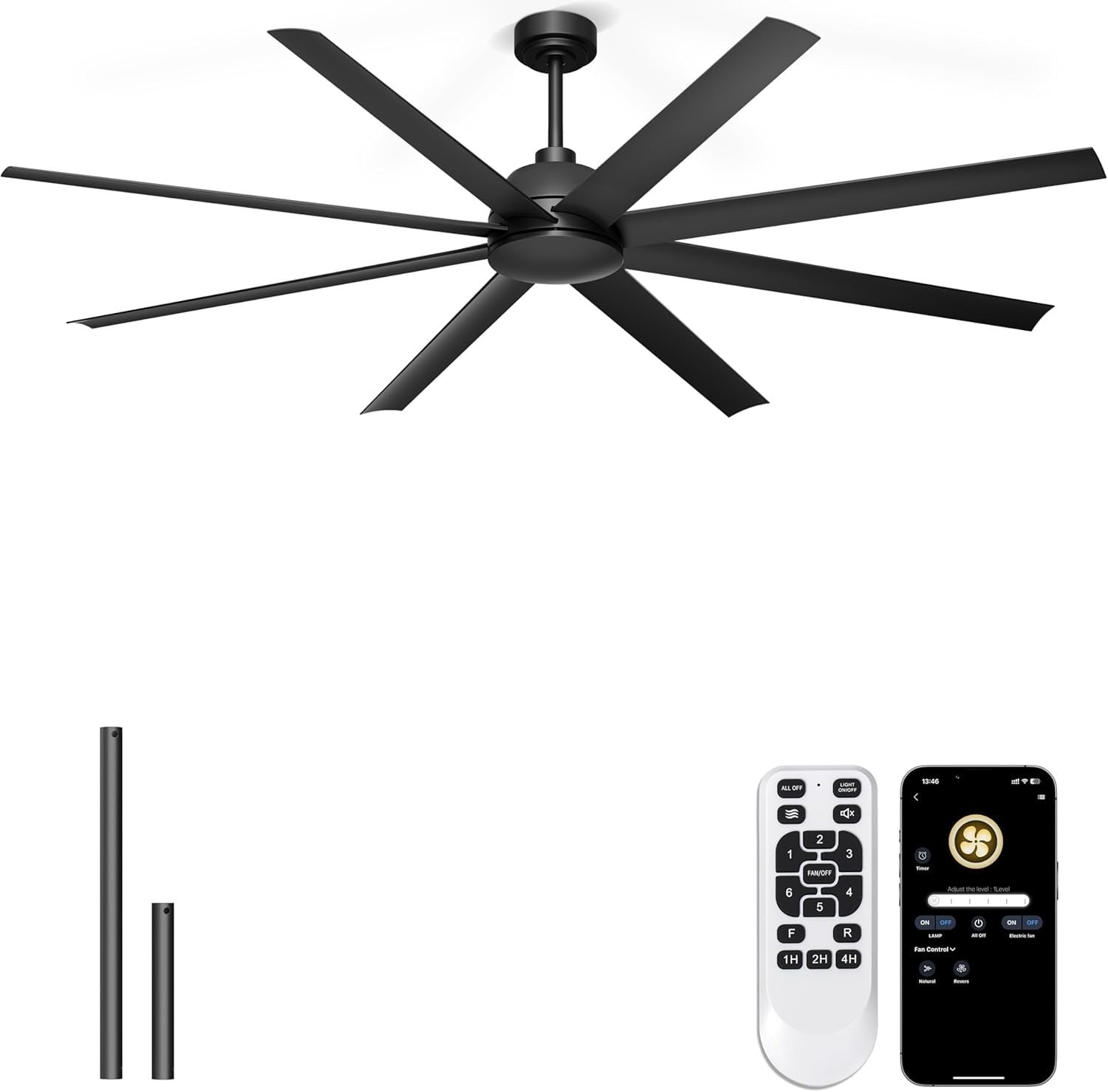 72'' Ceiling Fan no Light - Remote & APP Control, 6 Speed Reversible DC ...