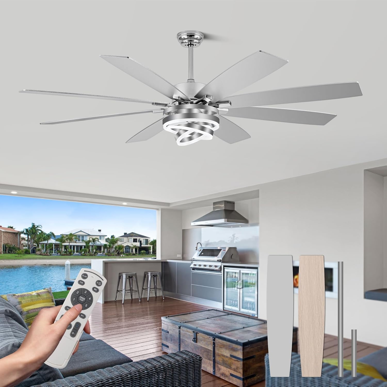 72'' Chrome Ceiling Fans with Lights and Remote, Indoor/Outdoor Large Chandelier Fan with DIY ...