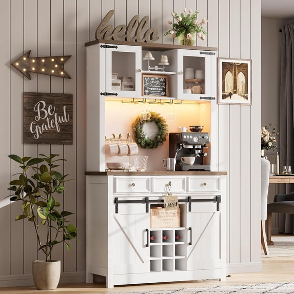 72" Coffee Bar Cabinet with Power Outlets and LED Lights, Sliding Barn ...