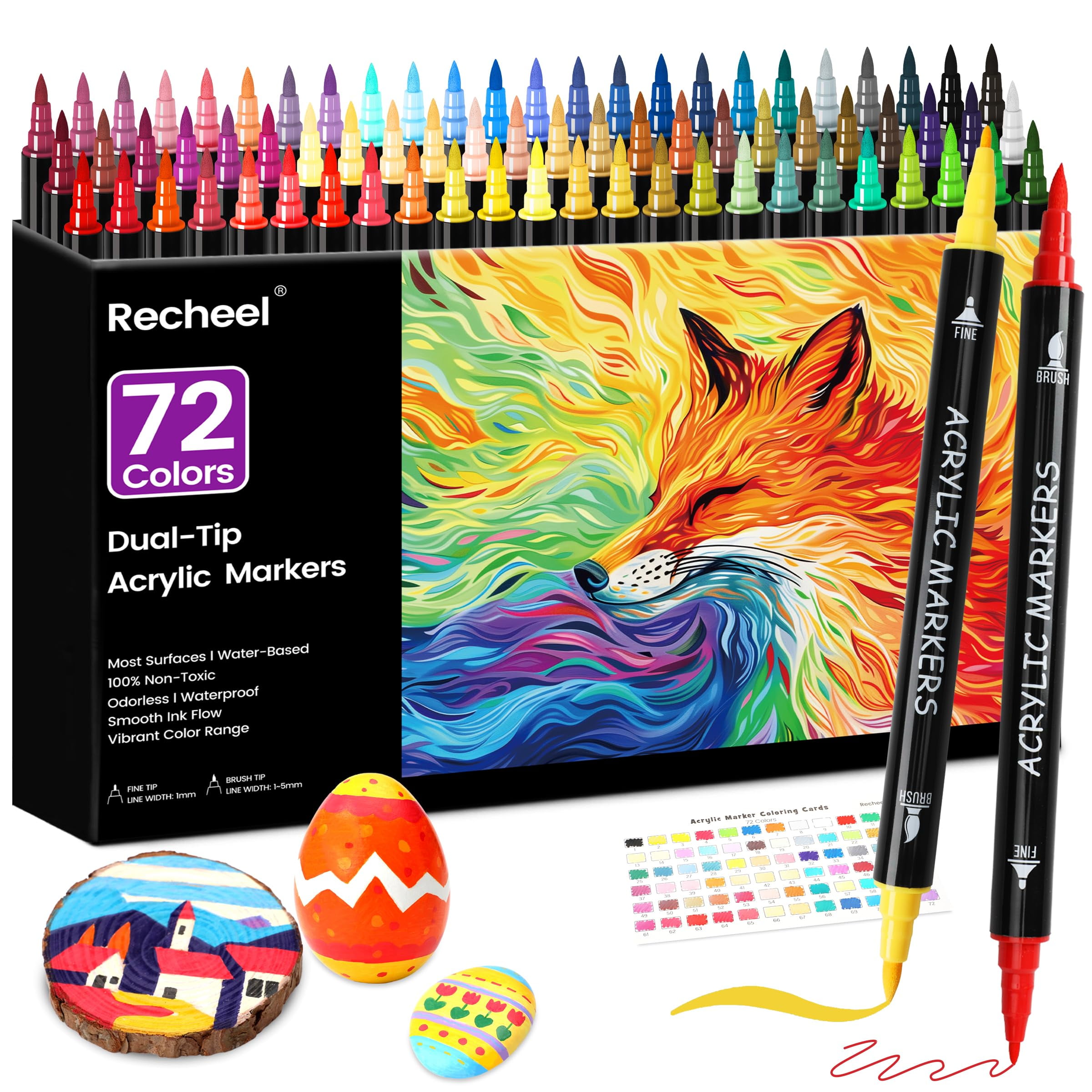72 Colors Acrylic Paint Markers, Dual Tip with Fine Tip and Brush Tip ...