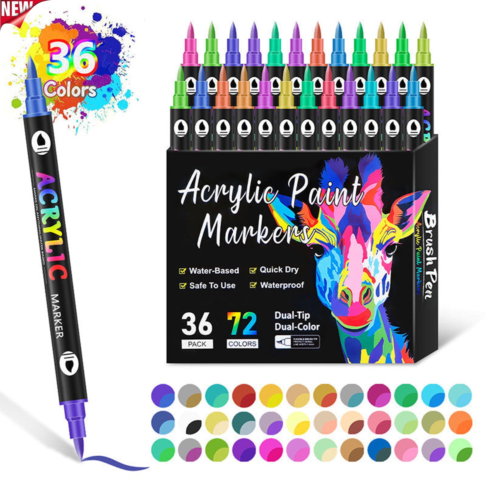 72 Colors Acrylic Paint Markers, Dual-Tip with Fine Tip Pens for Stone ...