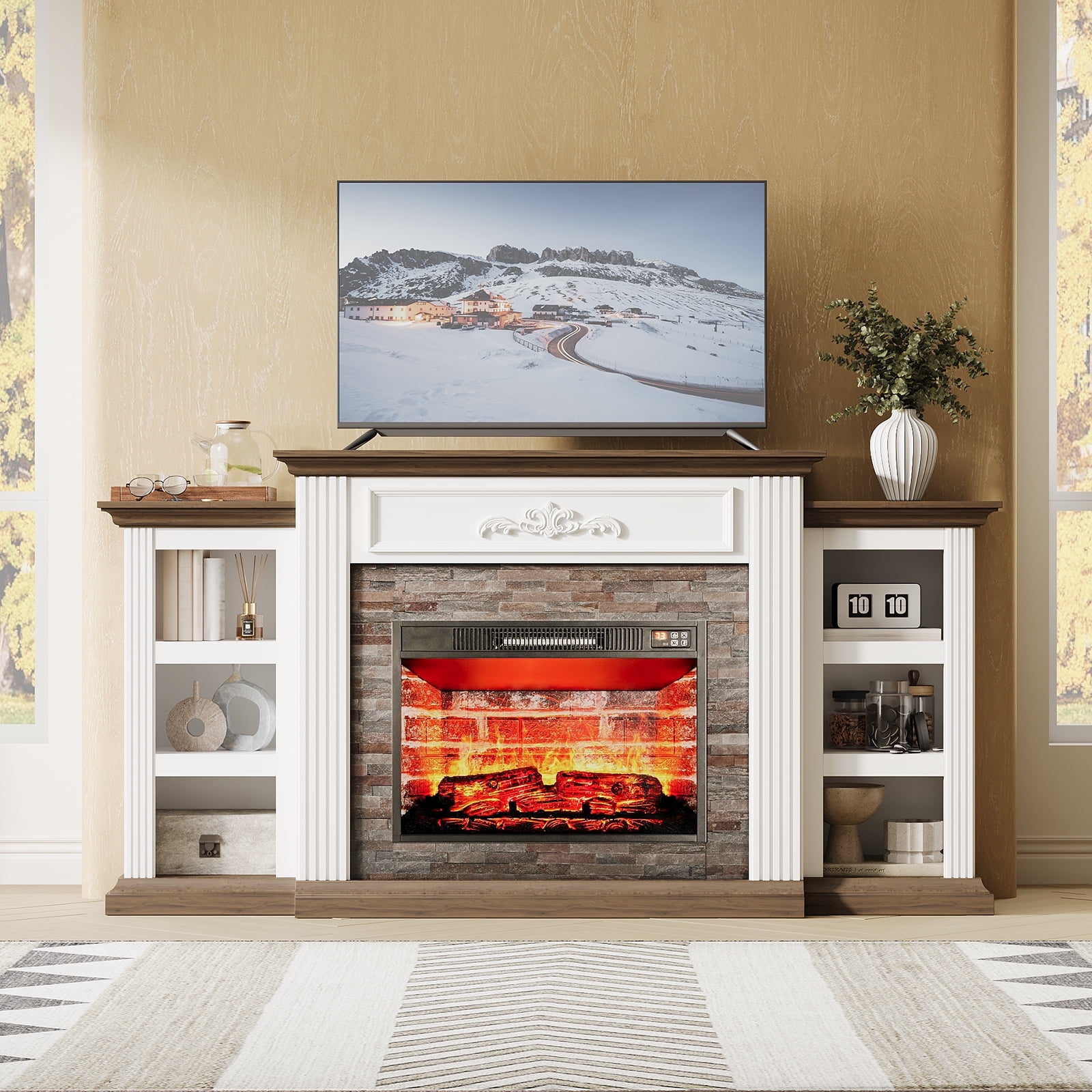 72" Electric Fireplace with Mantel, Stacked Stone Surround with 23 ...