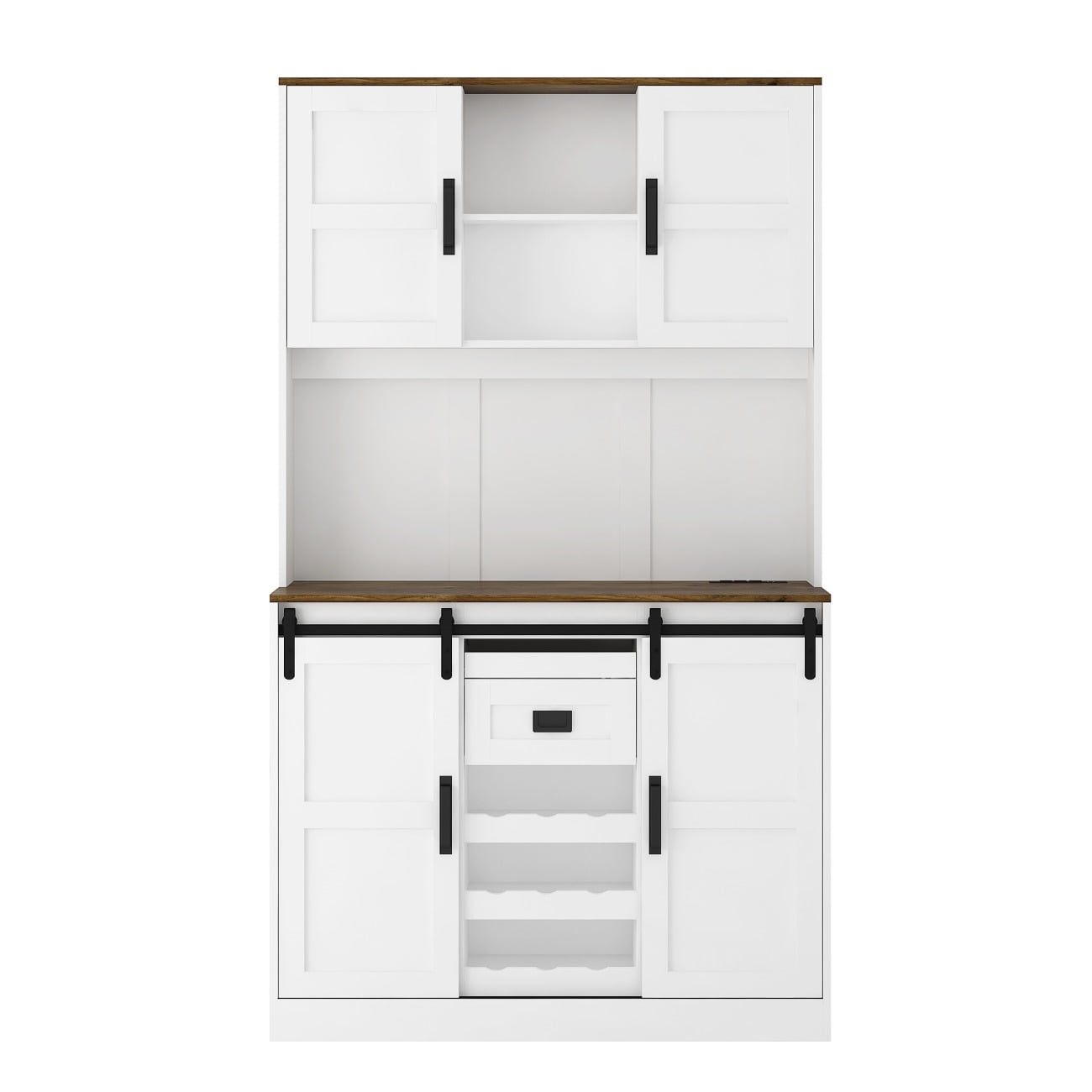 72" Farmhouse Bar Cabinet with Charging Station, Large Kitchen Buffet ...