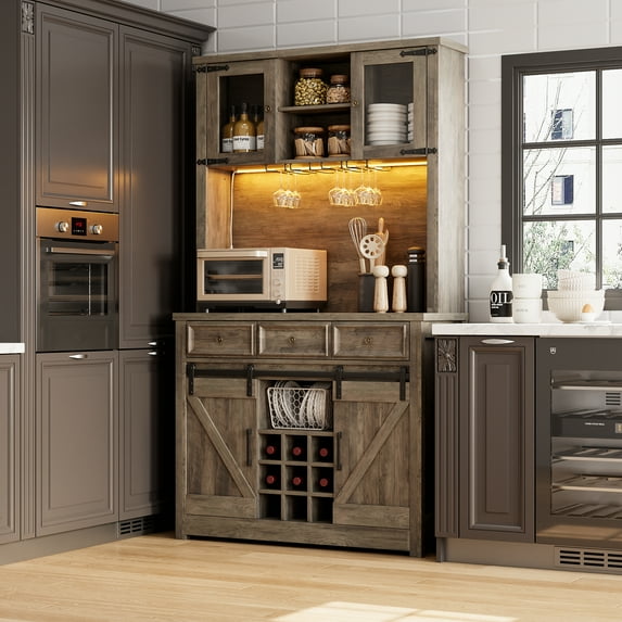 72" Farmhouse Coffee Bar Cabinet with Sliding Barn Door, LED Lights ...