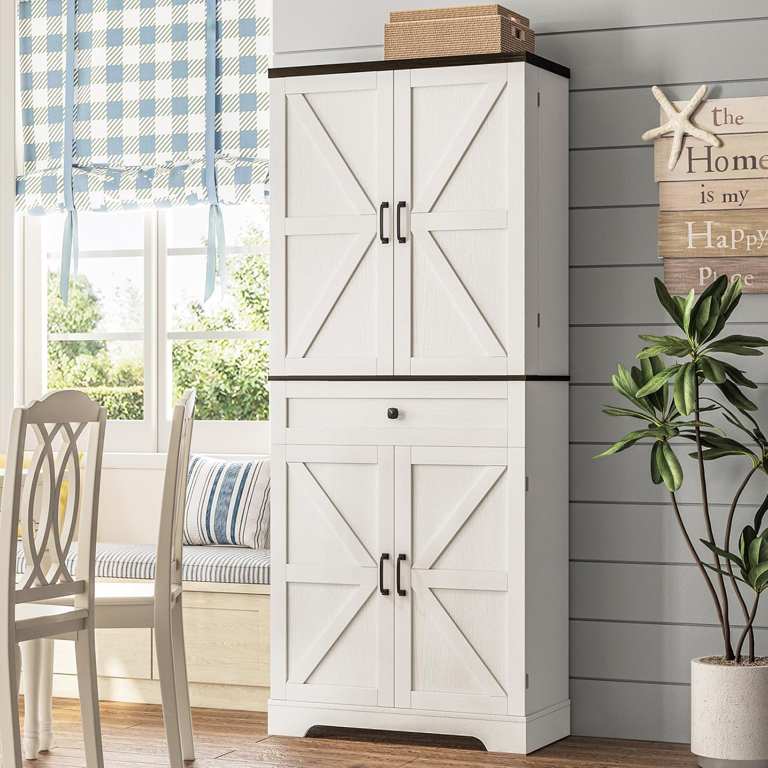72" Farmhouse Kitchen Pantry Cabinet with Adjustable Shelves and Drawer ...