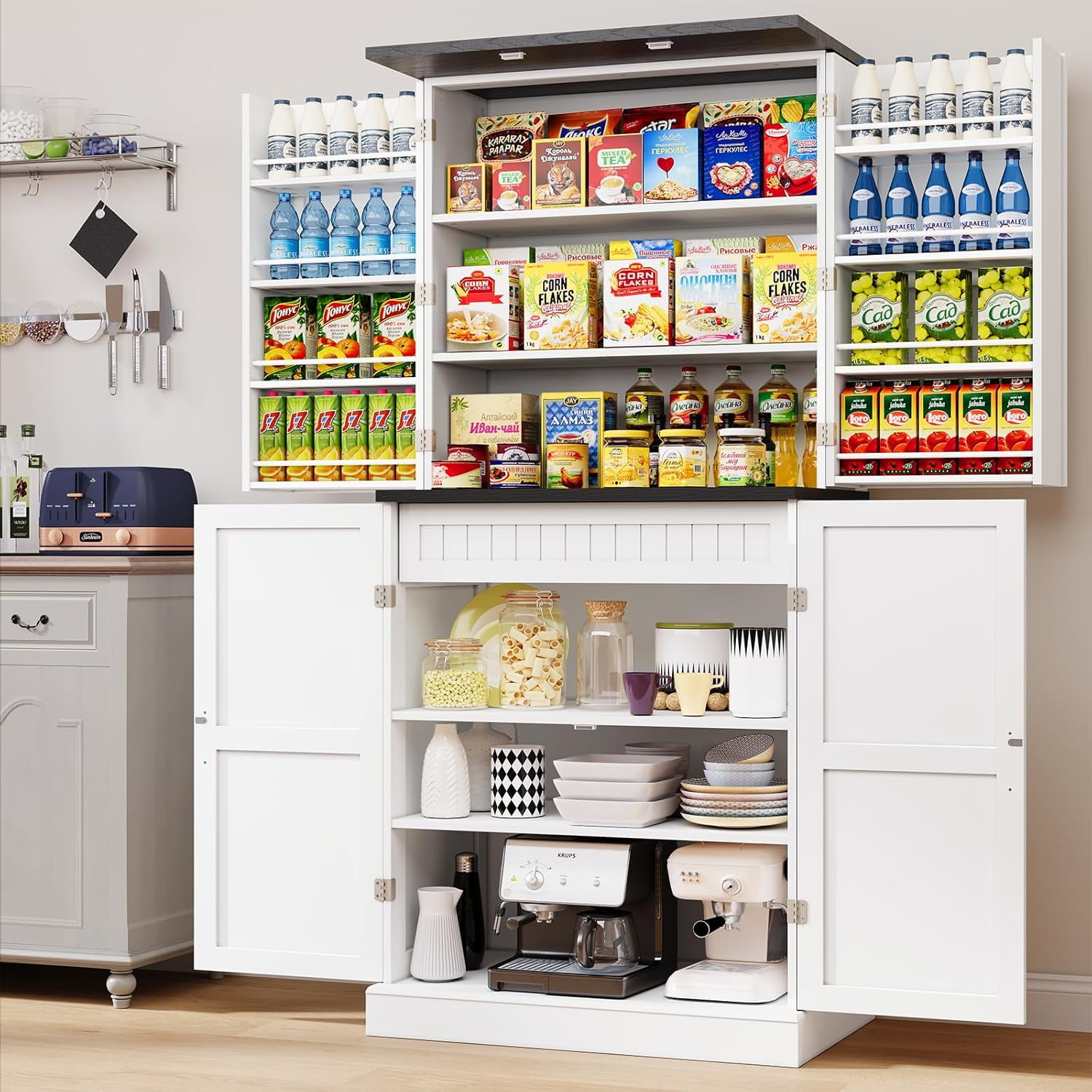 72" Farmhouse Pantry Cabinet with Barn Doors, 31.5" Wide Freestanding ...