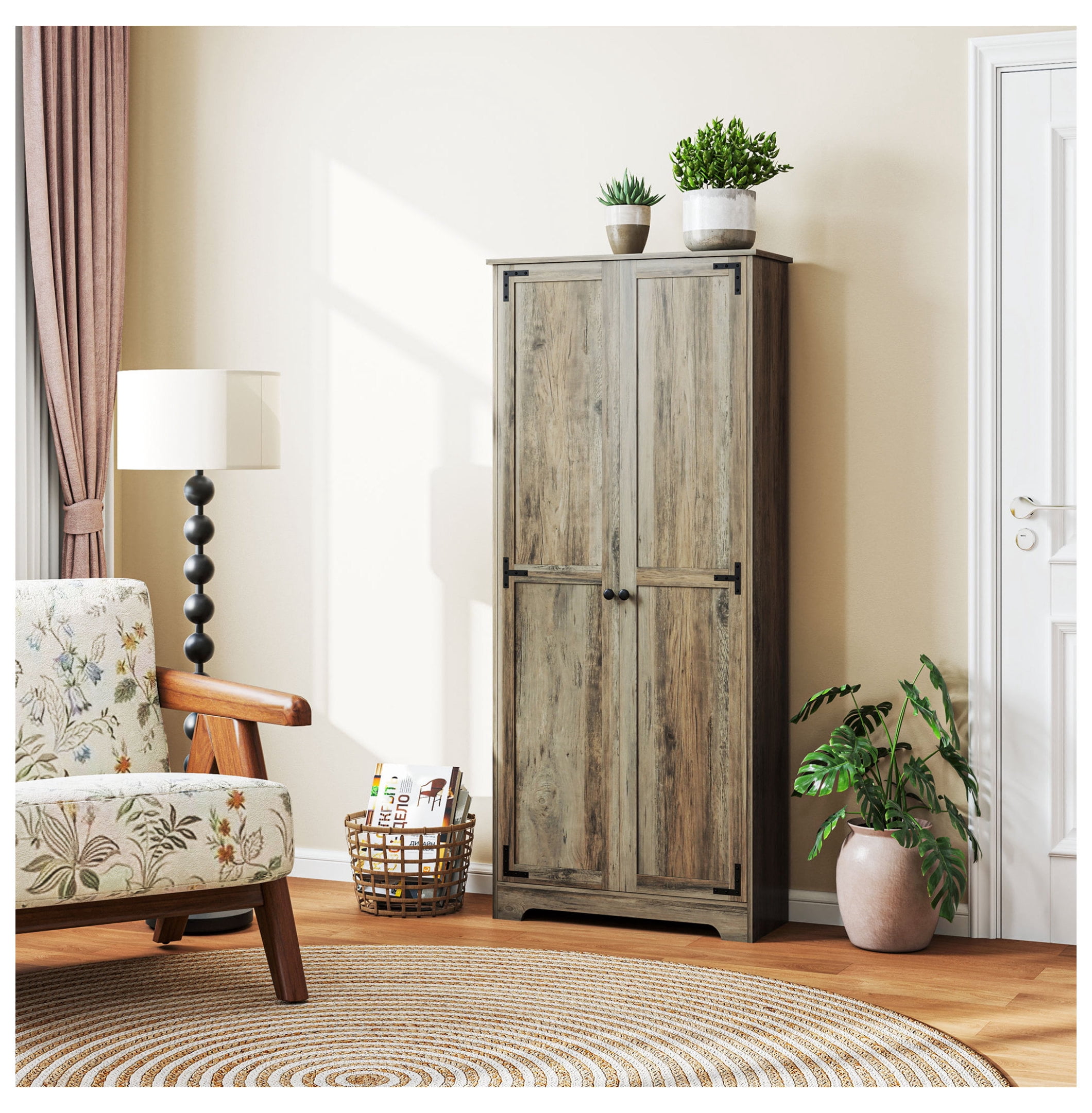 72" Farmhouse Pantry Cabinet, Distressed Gray Freestanding Kitchen ...